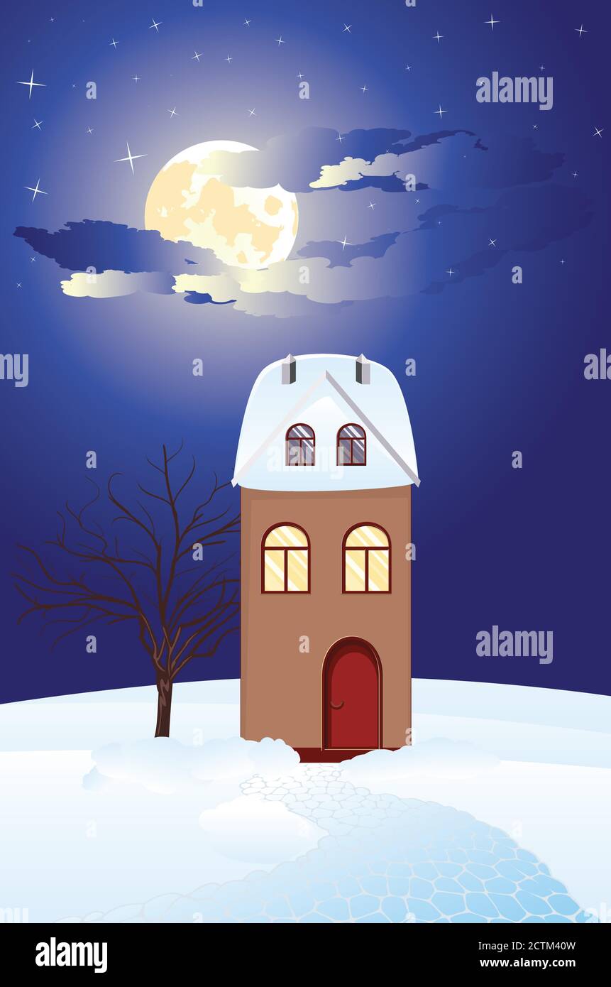 Cold winter rural landscape with cottage illustration Stock Vector ...