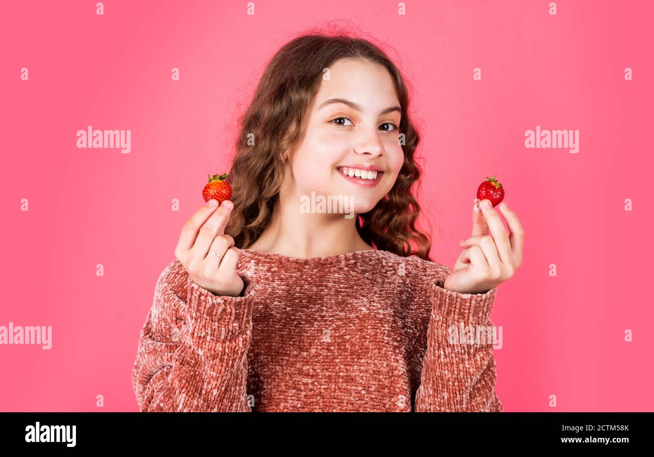Juicy berry. Sucrose fructose glucose. Girl eating fresh natural ...