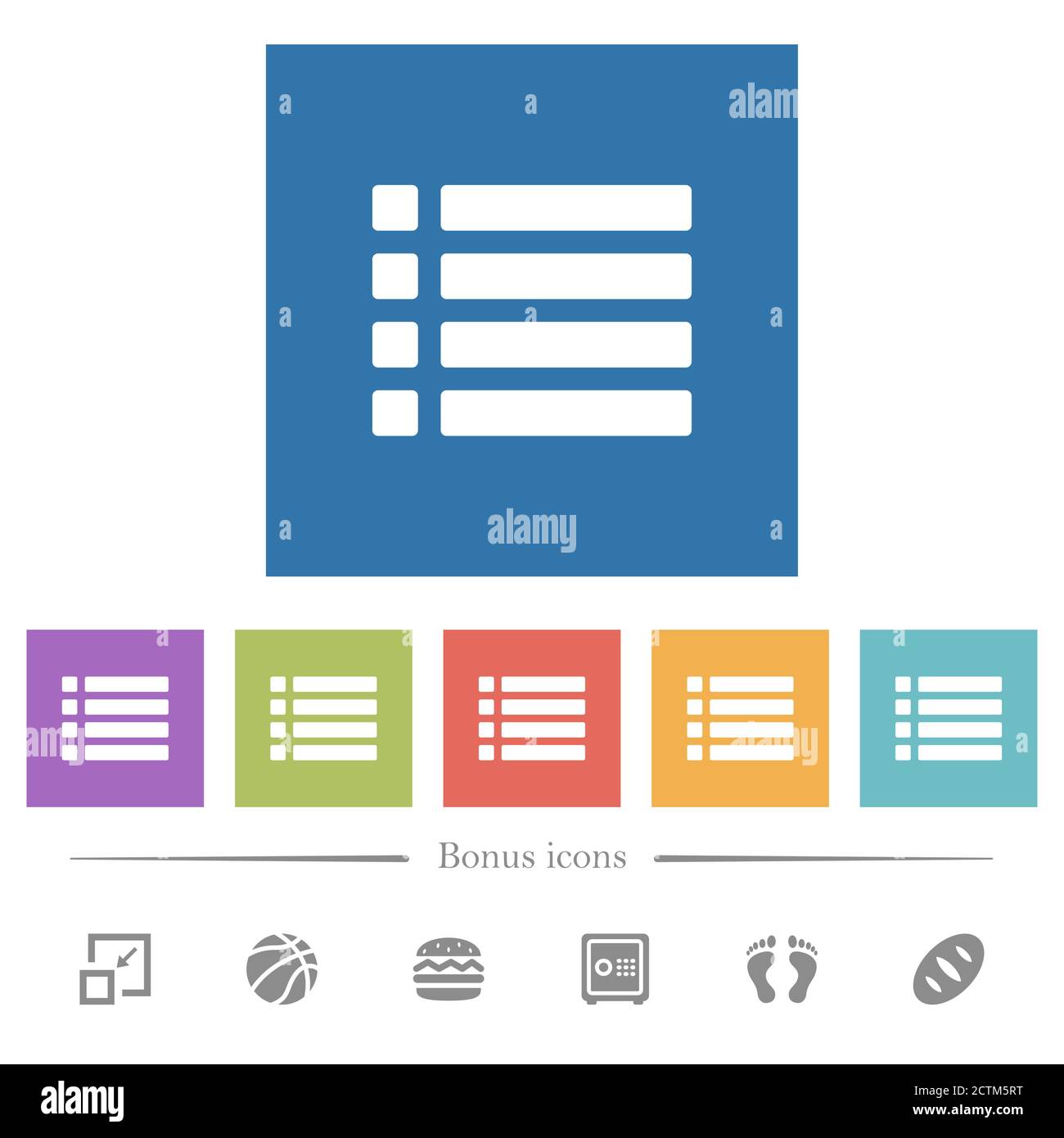 Unordered list flat white icons in square backgrounds. 6 bonus icons ...