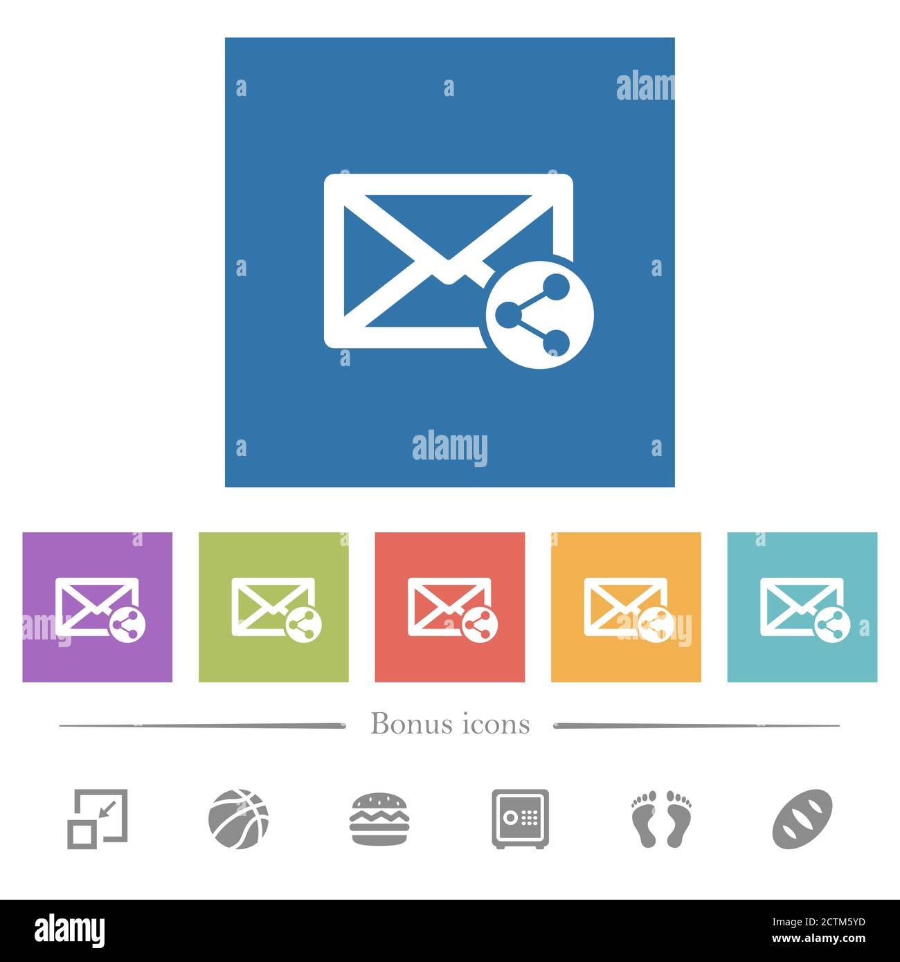 Share mail flat white icons in square backgrounds. 6 bonus icons ...