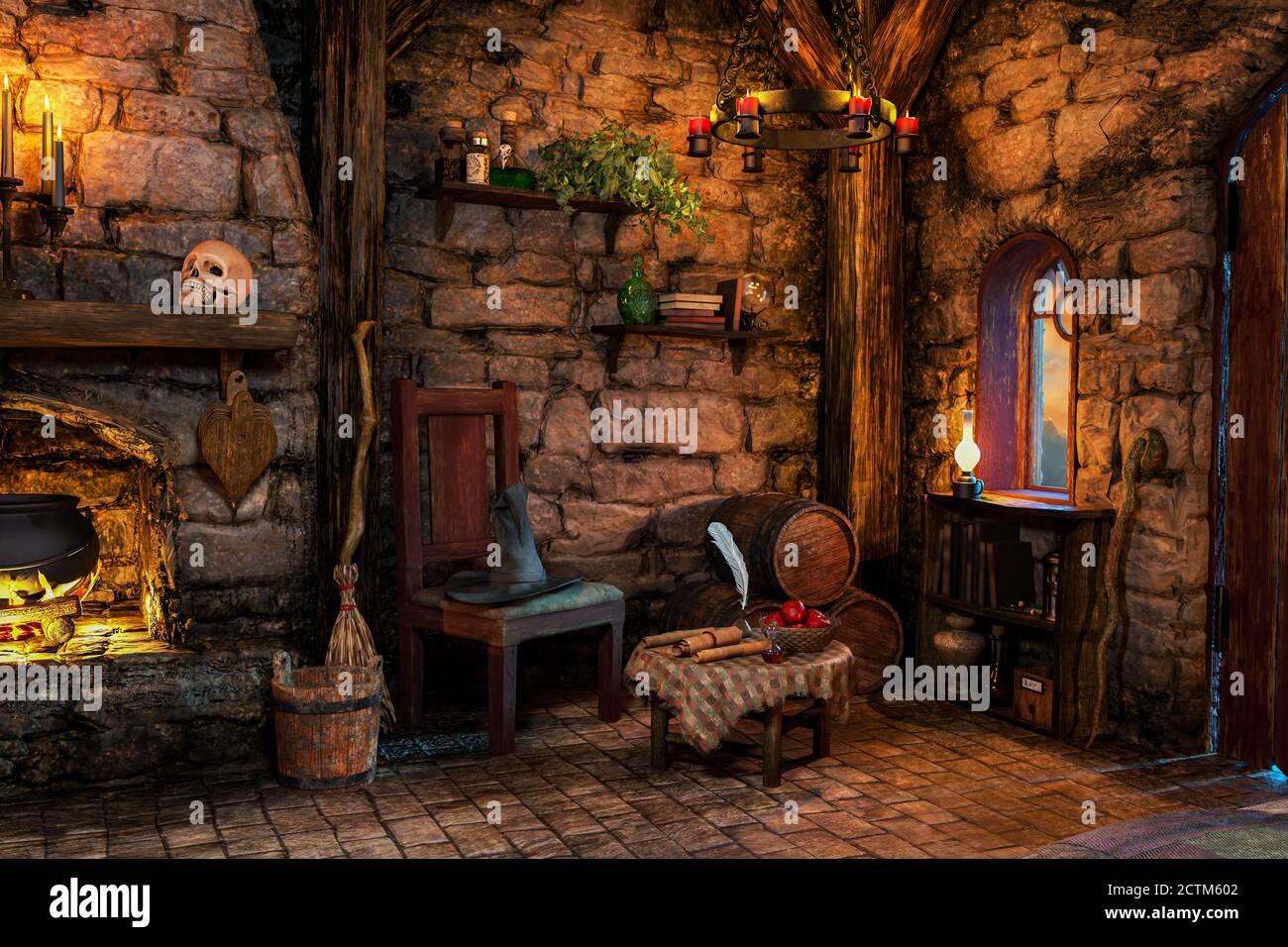 Fantasy Witch Cottage Interior, 3D illustration, 3D rendering Stock ...