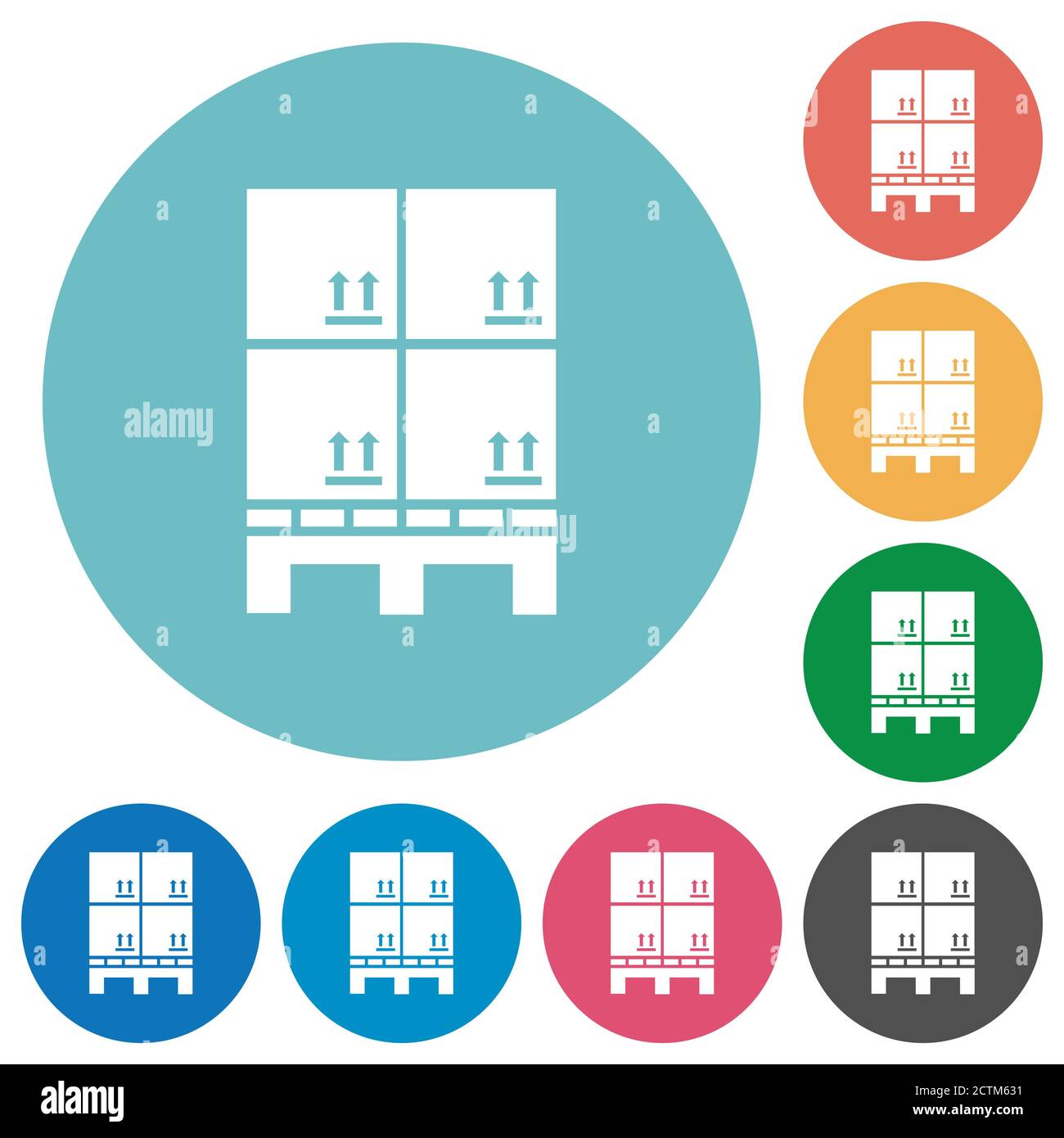 Pallet with boxes flat white icons on round color backgrounds Stock ...