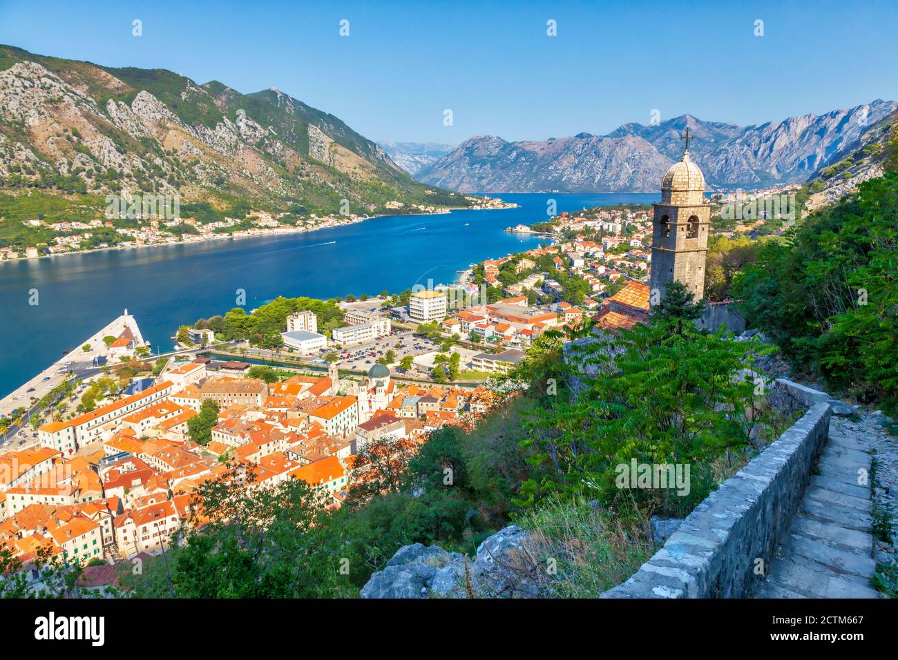 Aerial view of the old historic town of Kotor and the Kotor Bay ...