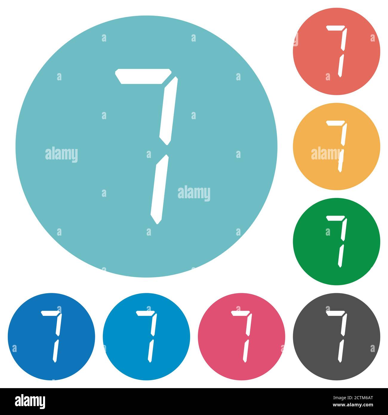 digital number seven of seven segment type flat white icons on round ...