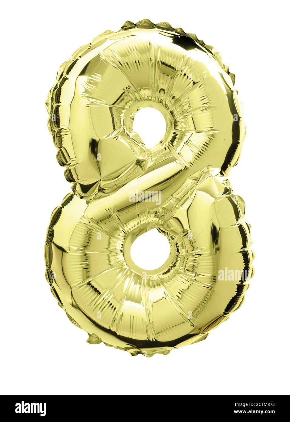 Vertical shot of a number 8 gold balloon isolated on a white background ...