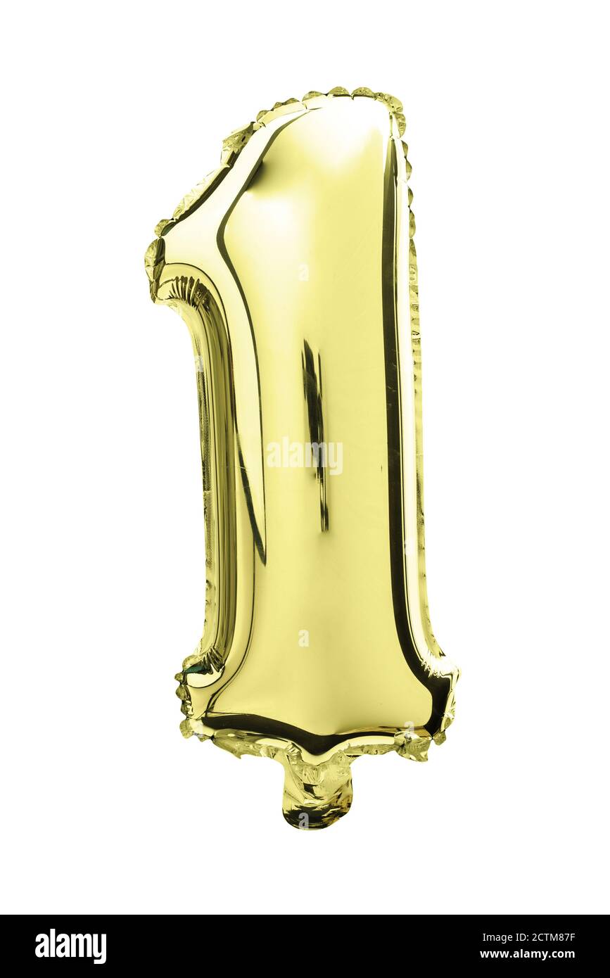 Vertical shot of a number 1 gold balloon isolated on a white background ...