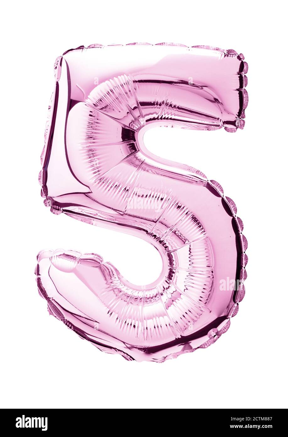 Vertical shot of a number 5 rose gold balloon isolated on a white ...