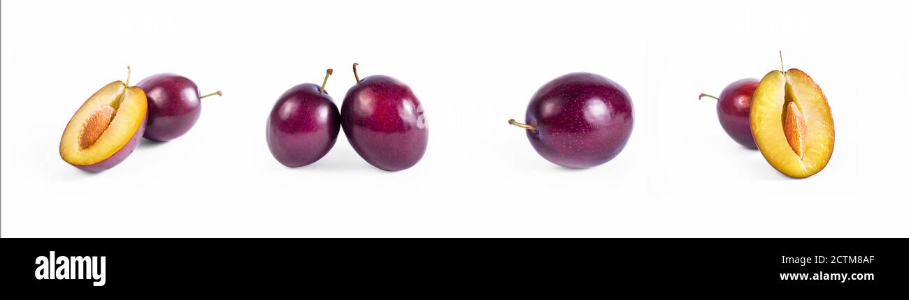 Plum fruits set close up macro shot. Whole and half plums. Oragnic ...
