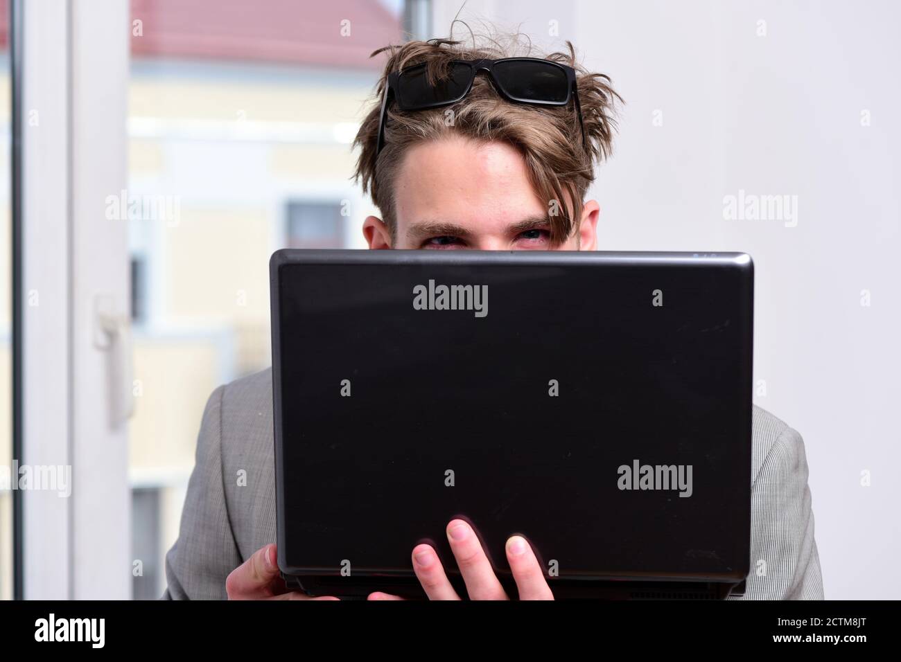 Business and technologies concept. Man or manager with hidden face and ...