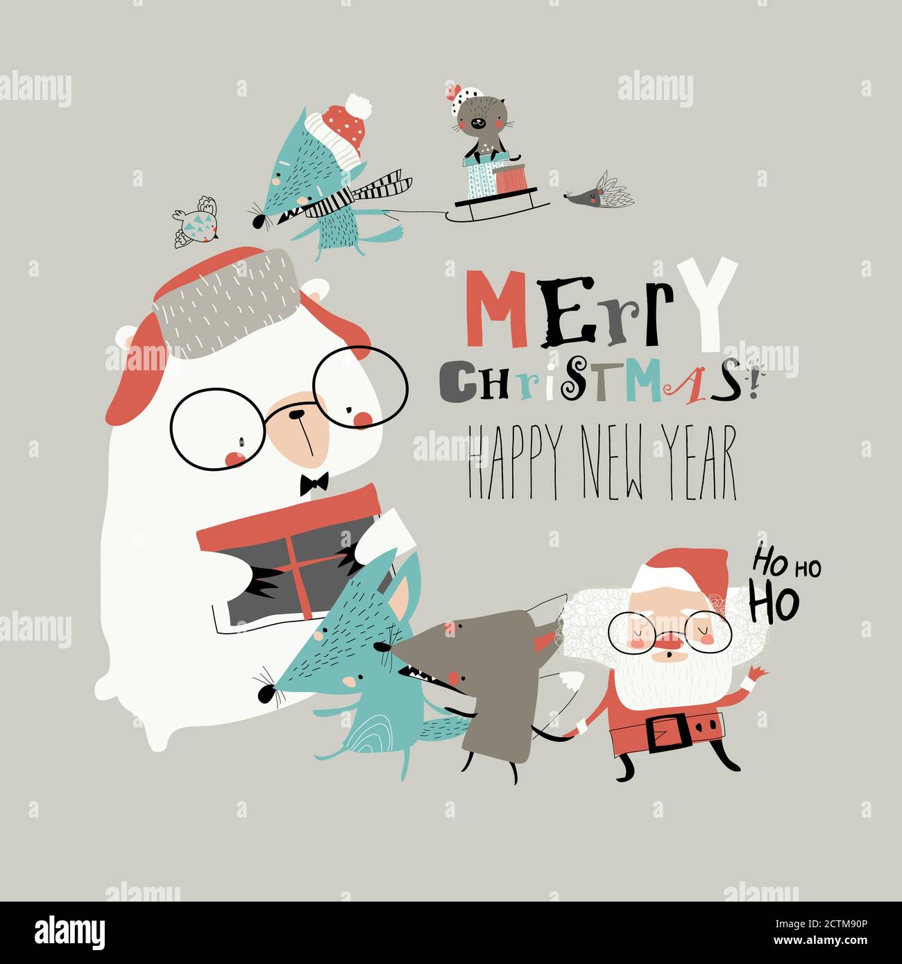 Cartoon happy animals celebrating Christmas with Santa Claus Stock ...