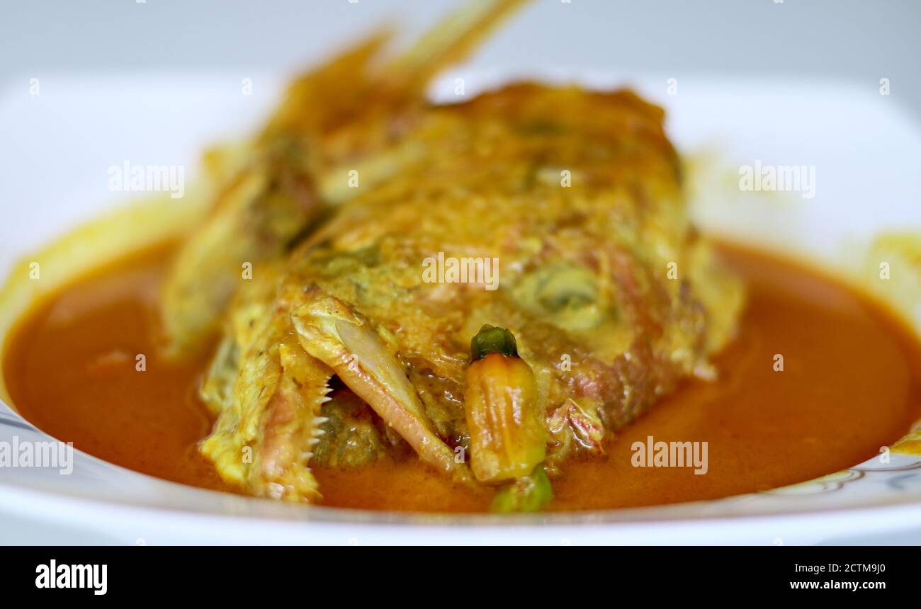 Snapper head gulai (curry) on white background. Gulai is type of food ...