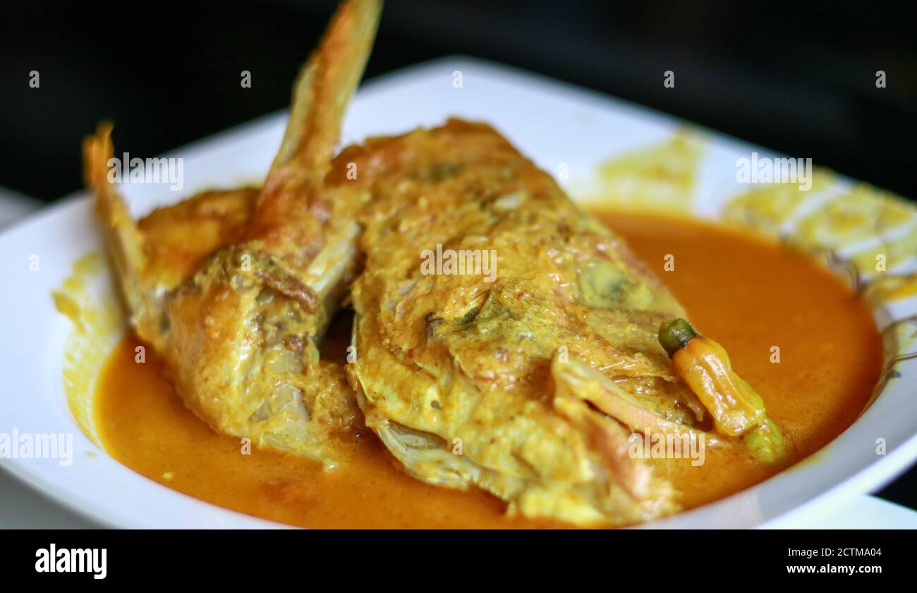 Snapper head gulai (curry) on black background. Gulai is type of food ...