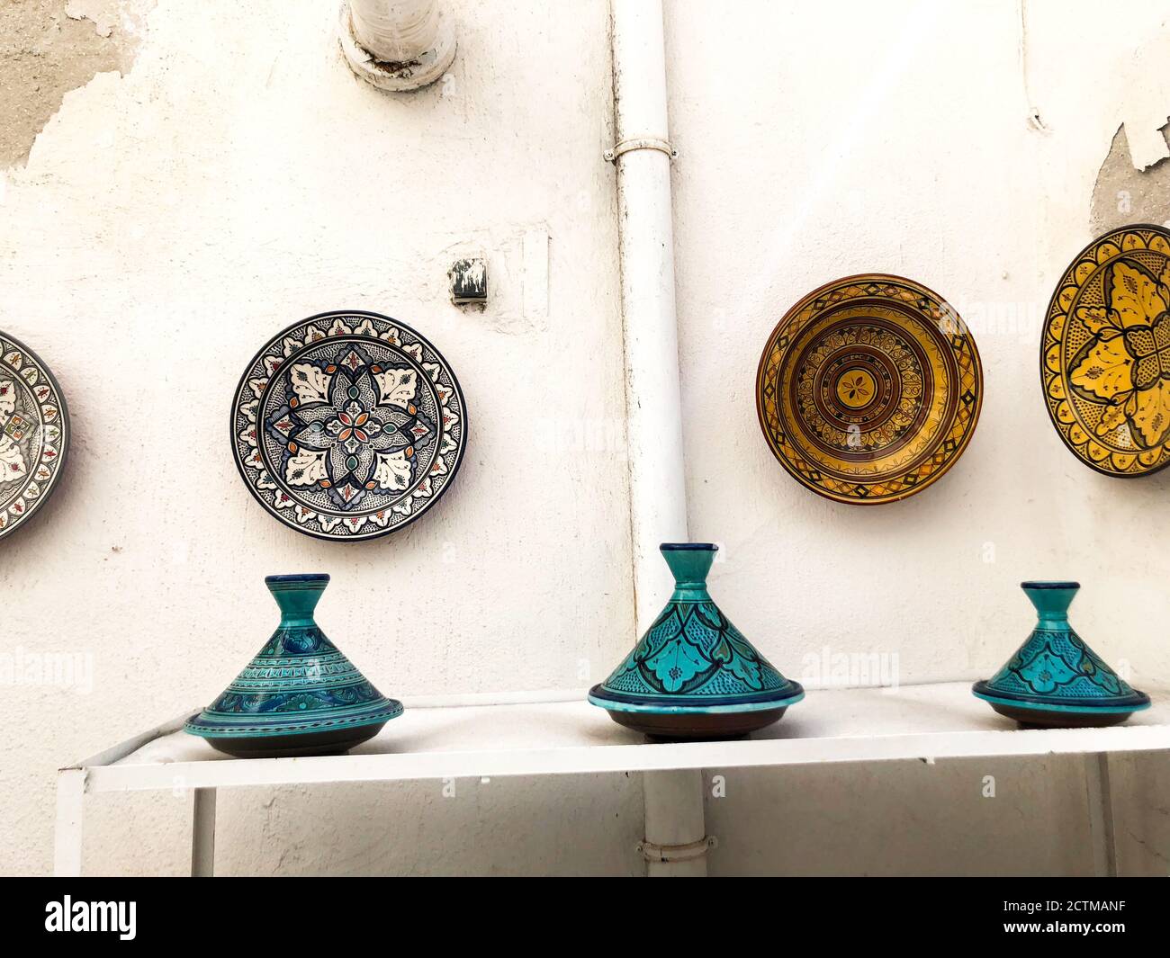 Moroccan pottery in Medina of Essaouira.Colorful tagine plates Stock ...