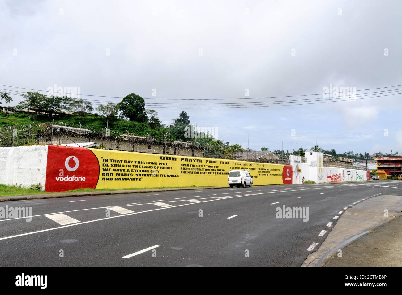 The men's prison with barbed wire on top of its walls in Suva, Fiji ...