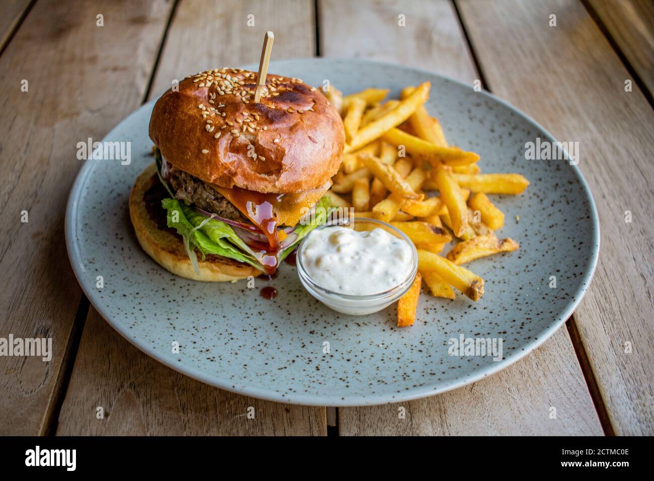 Beef burger with fries and homemade mayo, in Prague, Czech Republic ...