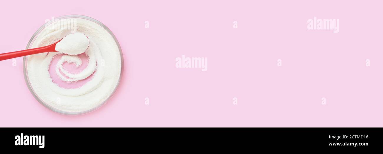Collagen white powder. Pastel color background. Health product Stock ...