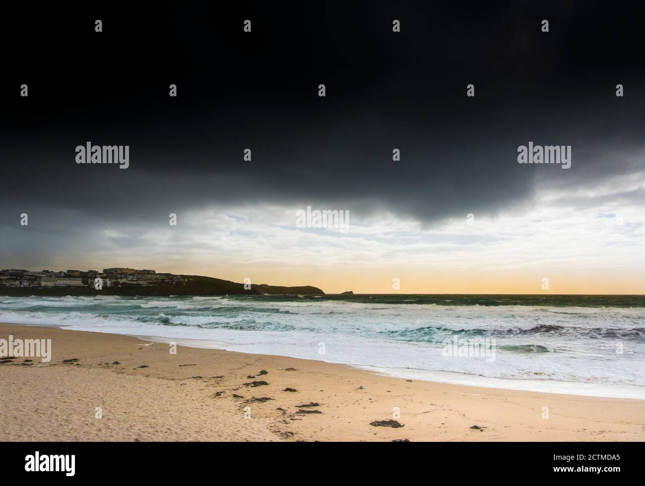 Heavy dark rain clouds passing over Fistral Beach in Newquay in ...