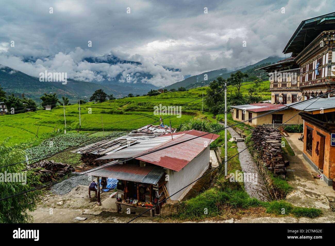 Traditional village and rice field landscape in Punakha, Bhutan Stock ...