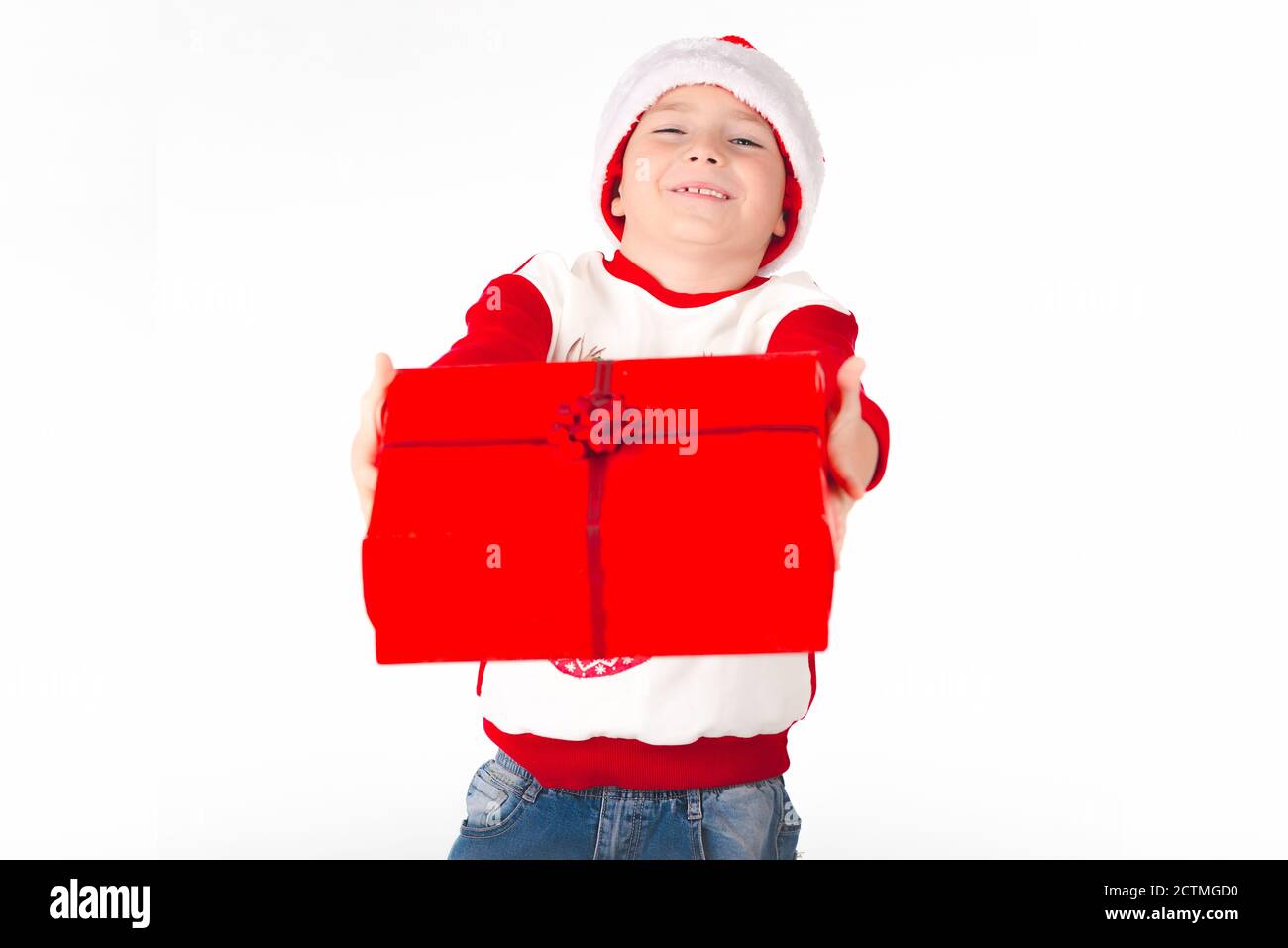 Merry christmas. Happy New Year. Caucasian young schoolboy in Santa ...