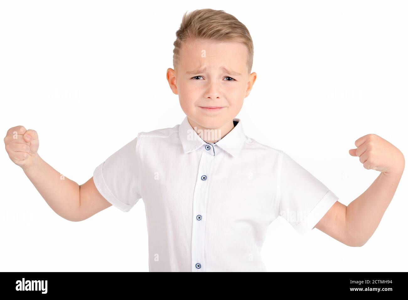 Close up image.The strong smiling caucasian school boy on a white ...