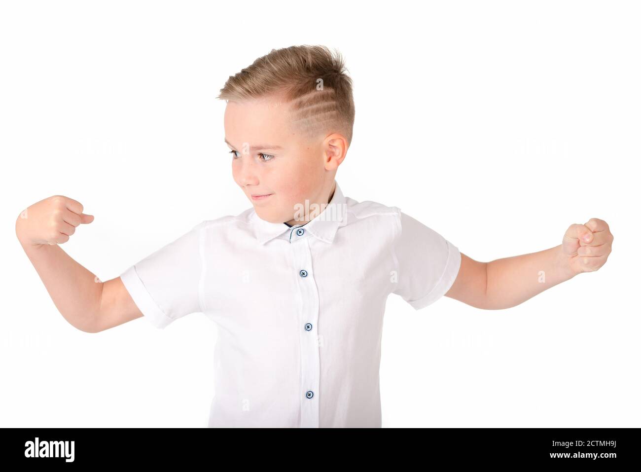 Close up image.The strong self-satisfied caucasian school boy on a ...