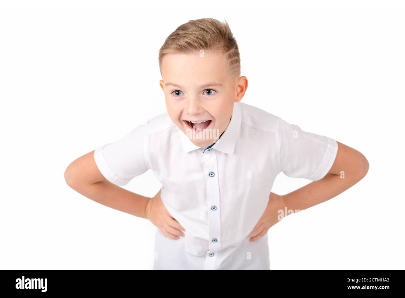 Portrait of joyful 9 year old boy . Handsome caucasian kid laughing ...