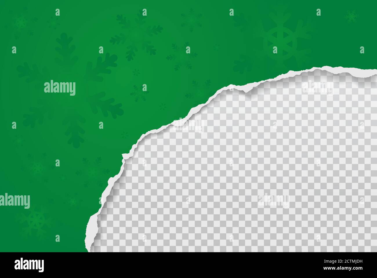 Piece of torn, ripped green paper with snowflakes pattern and soft ...