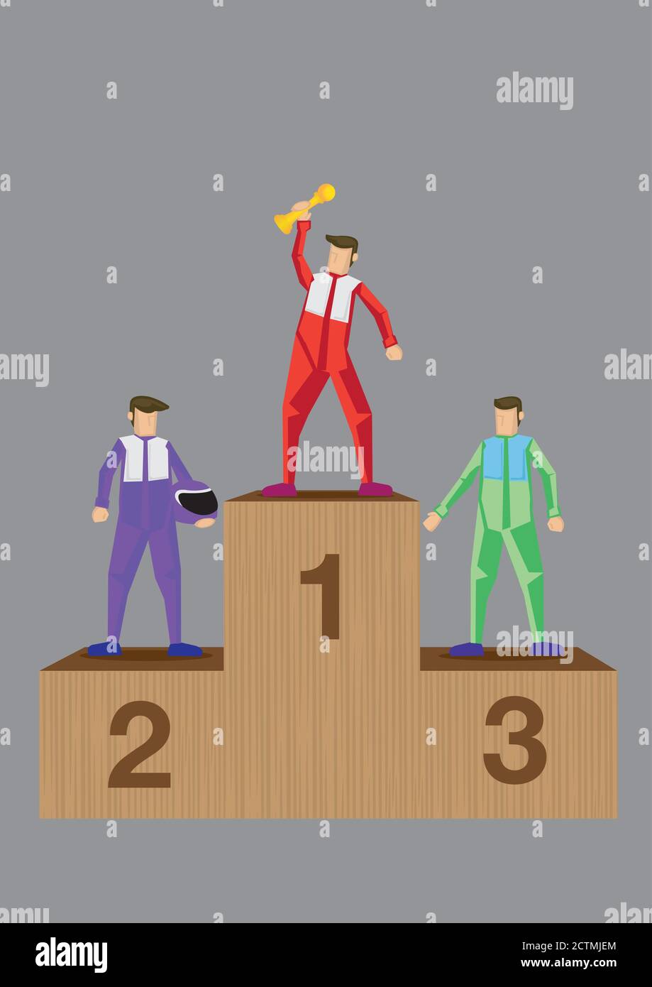 Vector illustration of three car racing winners standing on three level ...