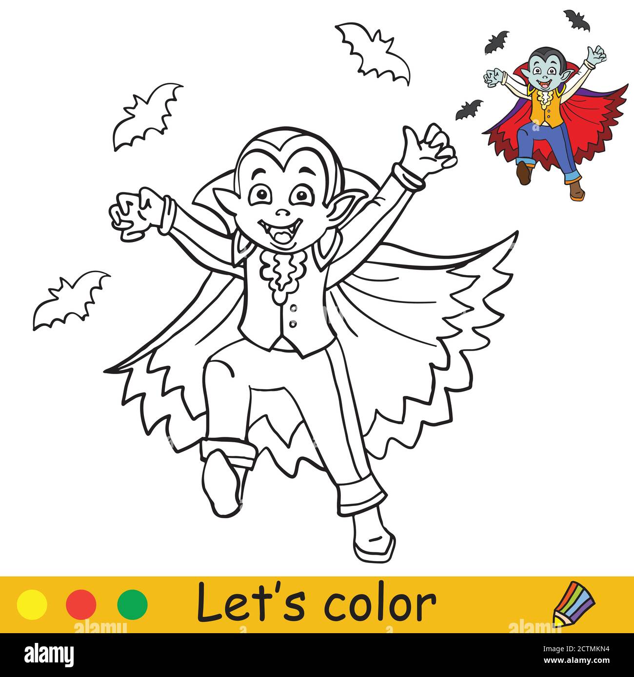 Halloween coloring with colored example cute vampire Stock Vector Image ...
