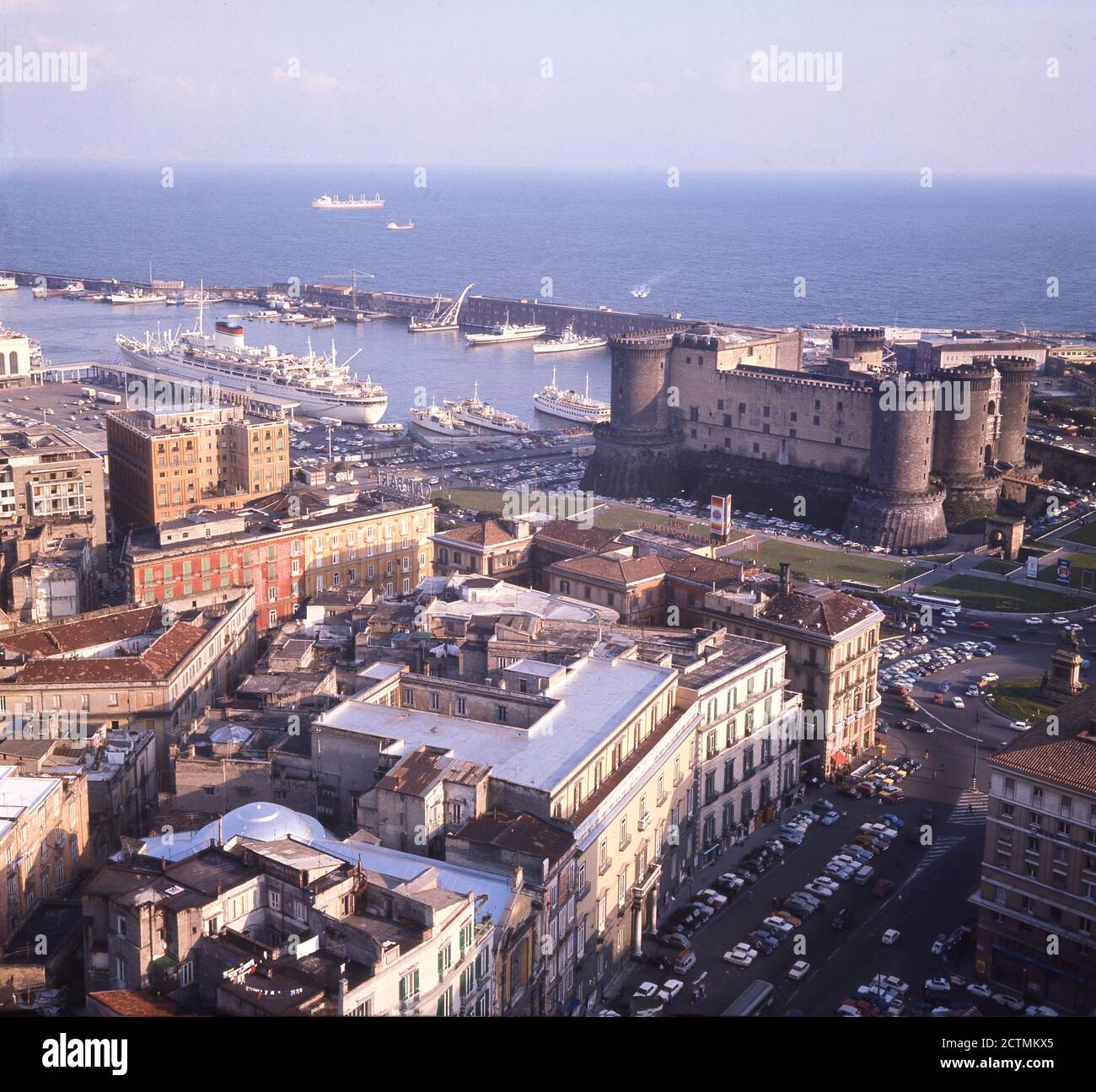 1960s, historical aerial view from this era over the city of Naples ...