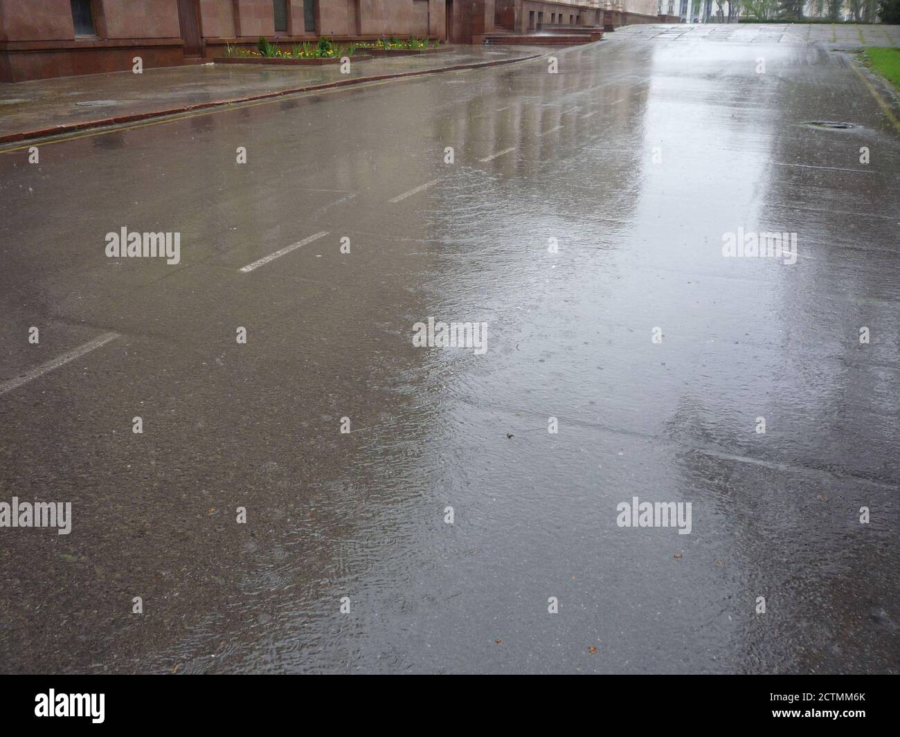 Wet asphalt rainy weather, it is raining, rain water flows down the ...