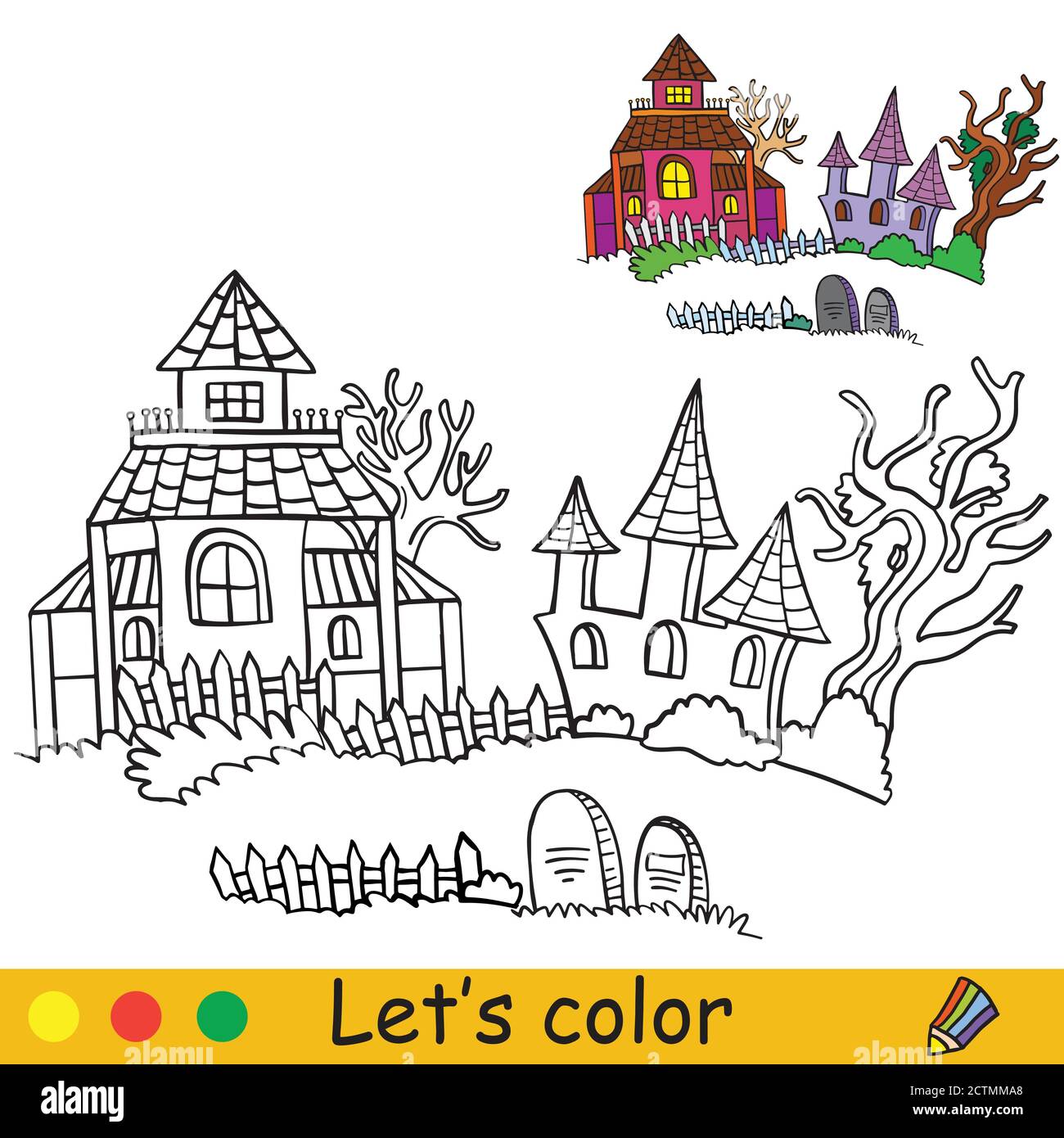 Halloween coloring with colored example haunted houses Stock Vector ...