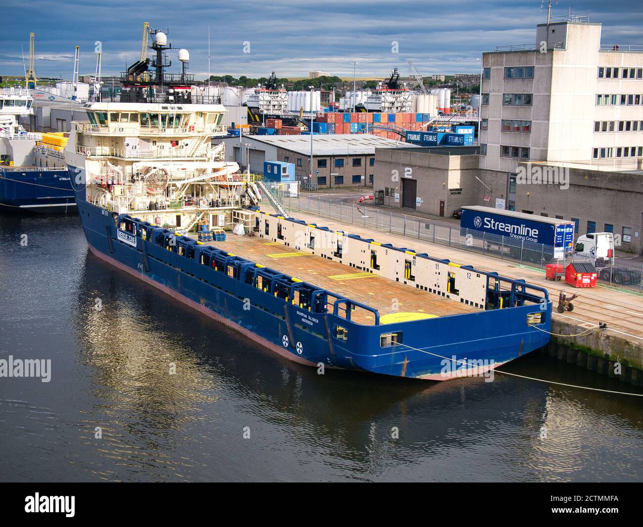 Moored in the Port of Aberdeen, Scotland, the deck area of the Grampian ...