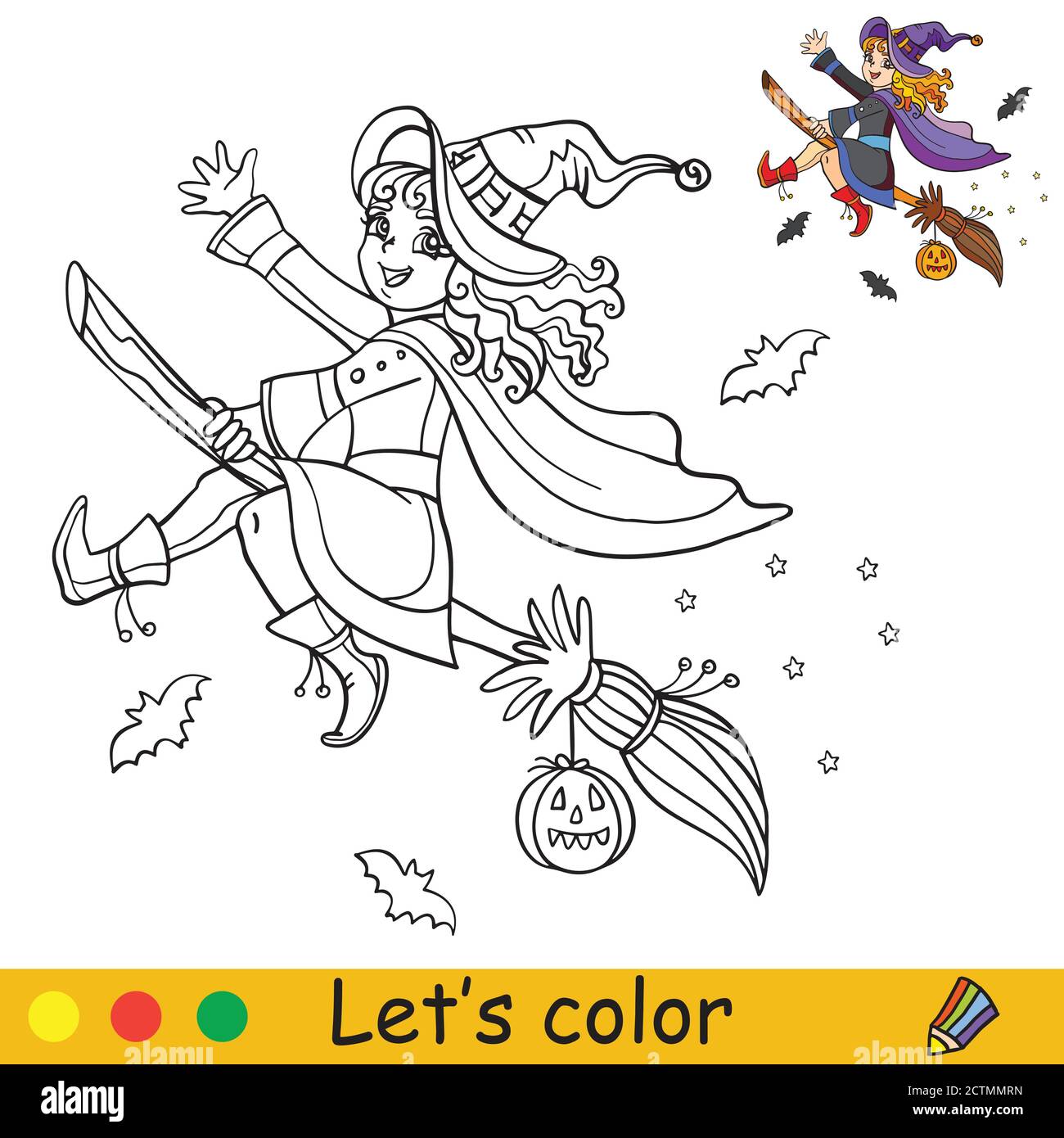 Halloween coloring with colored example cute witch Stock Vector Image ...