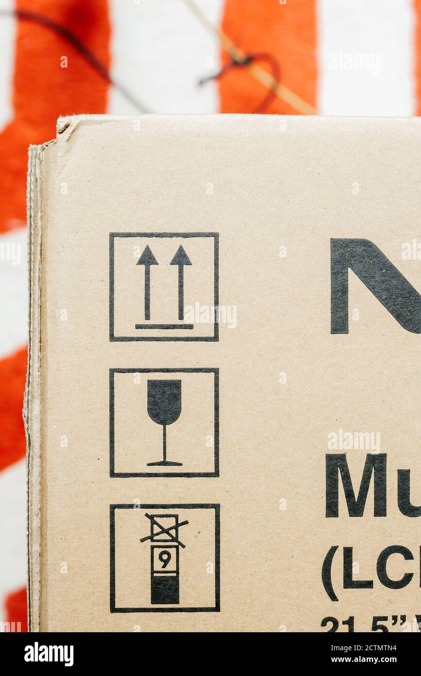 London, United Kingdom - Mar 4, 2014: Multiple signs on the cardboard ...