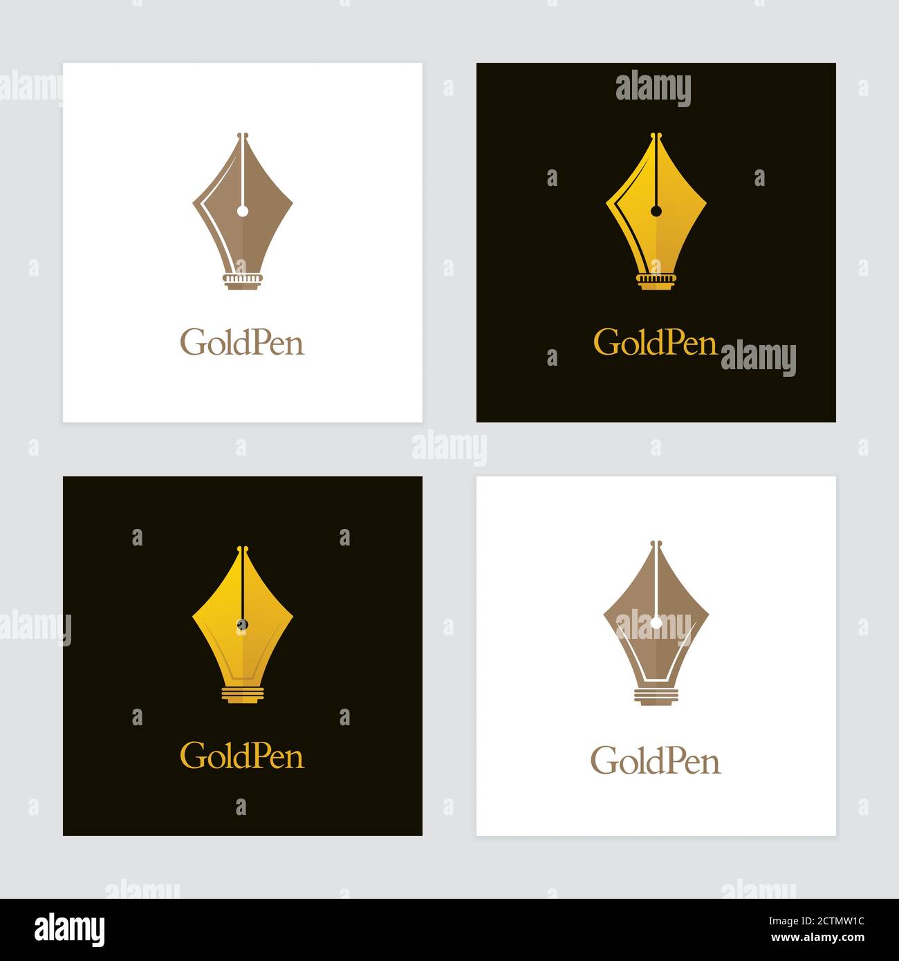 Gold colored fountain pen icons with castle symbols. Vector logo ...
