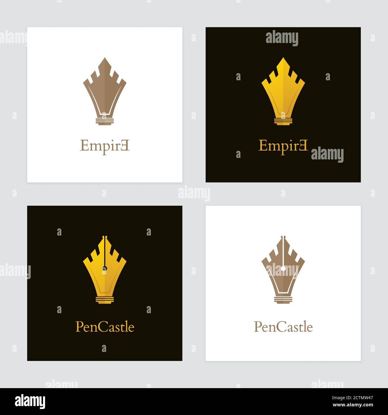 Gold colored castle and fountain pen icons. Vector logo designs for ...