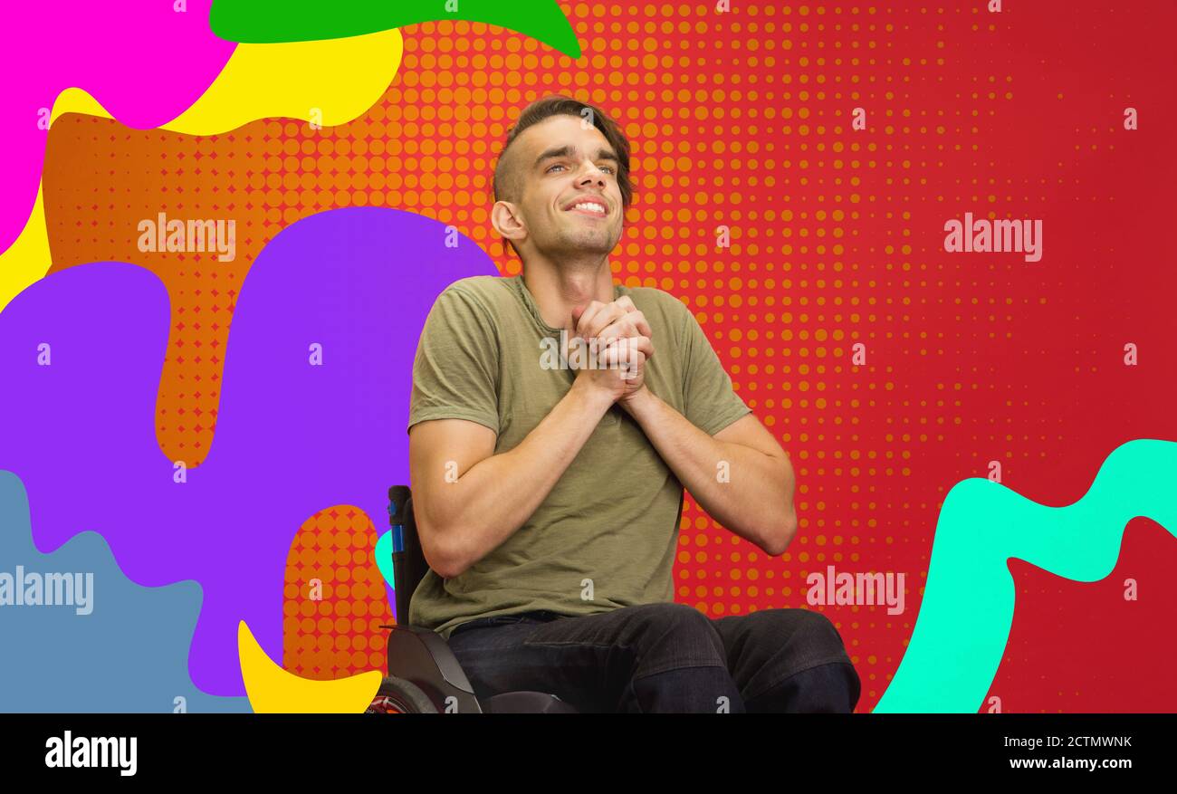 Dreamful, happy, hopeful. Caucasian man portrait. Beautiful disabled ...