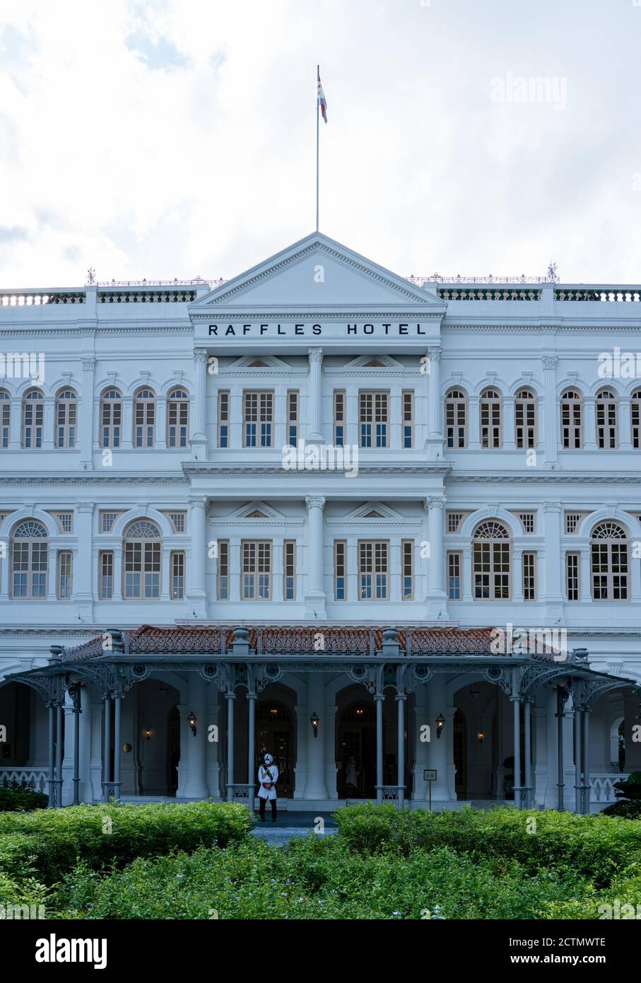 SINGAPORE, SINGAPORE - Sep 10, 2020: Front facade of the famous Raffles ...