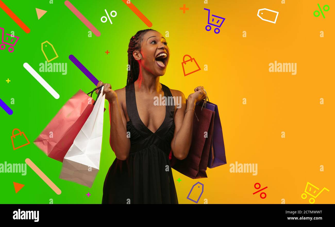 Sales, shopping. African woman portrait with packages. Beautiful female ...
