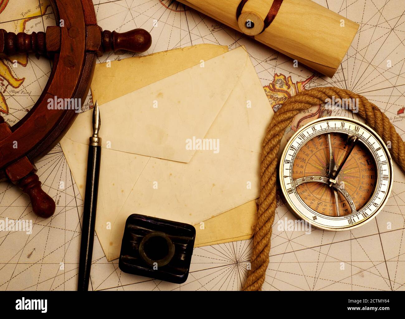 Vintage letters and marine equipment over old map from XVIII century ...