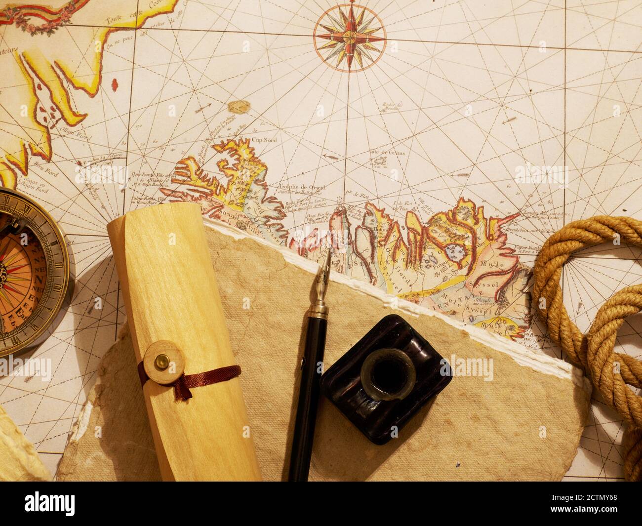 Marine equipment over old map from XVIII century Stock Photo - Alamy