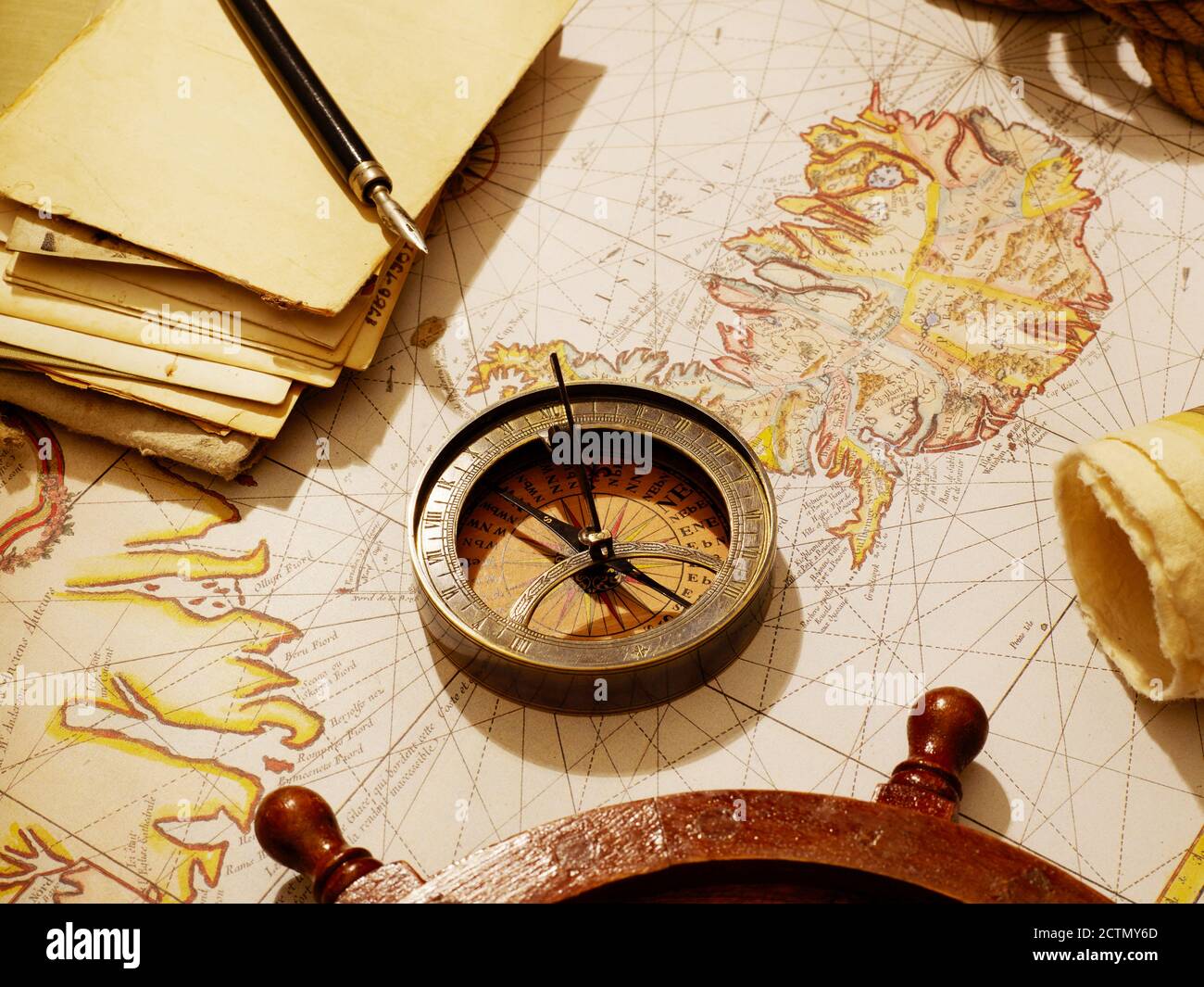 Compass, letters and old map from XVIII century Stock Photo - Alamy