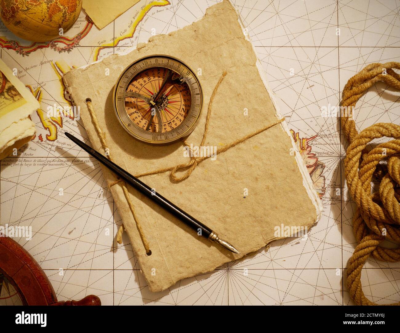 Compass, journal and old map from XVIII century Stock Photo - Alamy