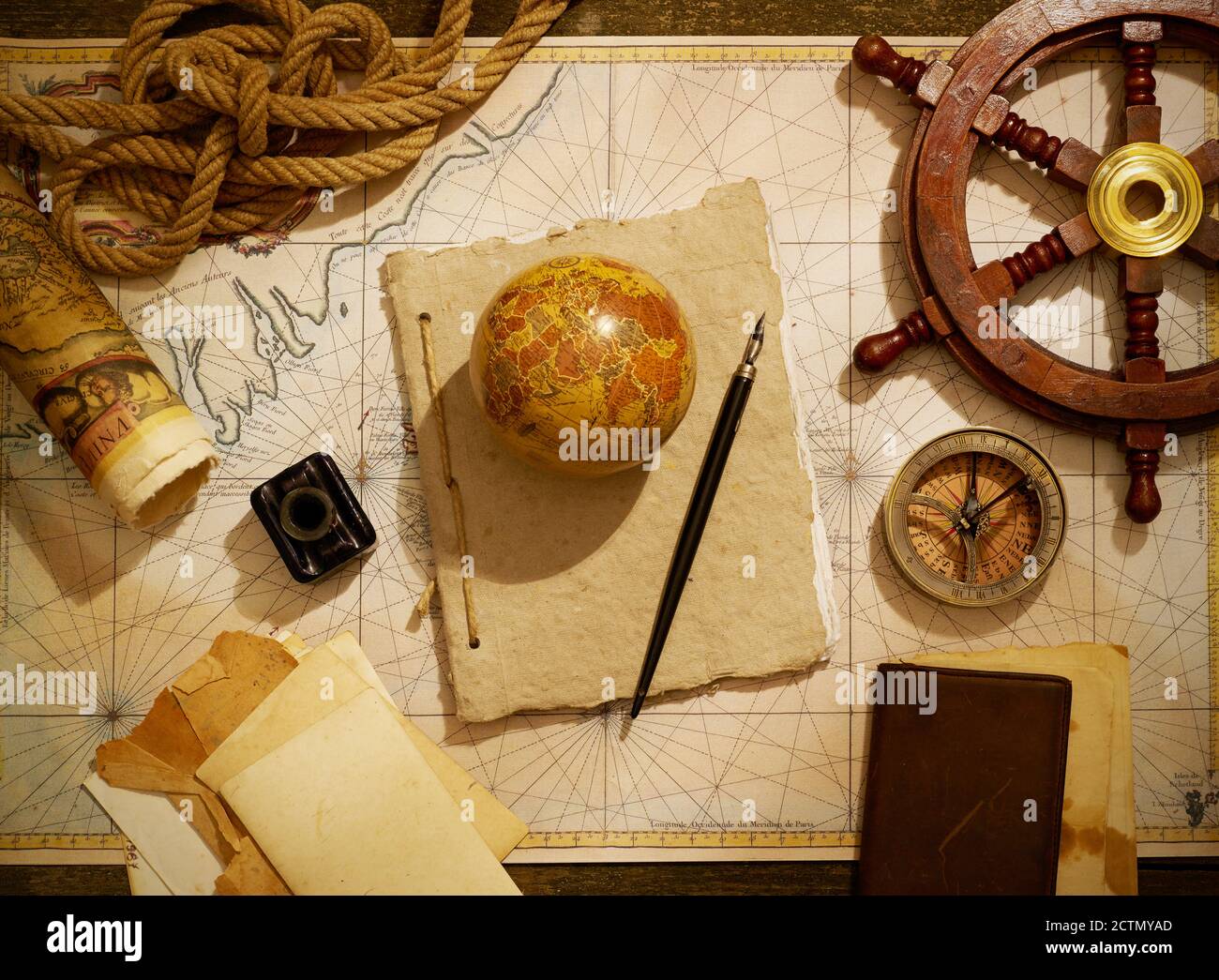 Marine equipment over old map from XVIII century Stock Photo - Alamy