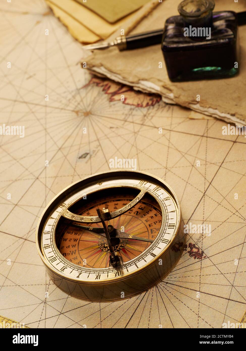 Compass, letters and old map from XVIII century Stock Photo - Alamy