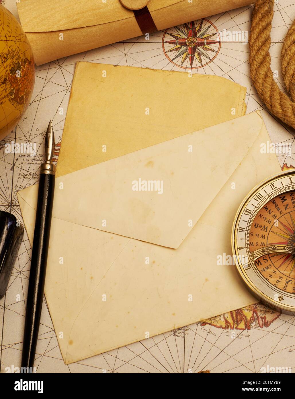 Vintage letters and marine equipment over old map from XVIII century ...