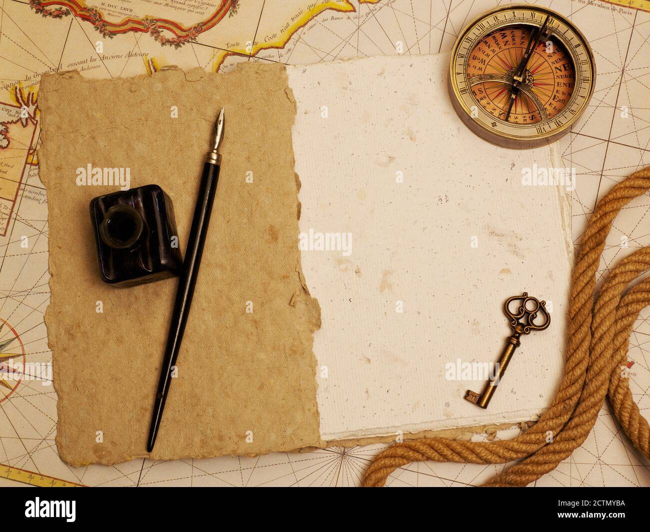 Notebook and marine equipment over old map from XVIII century Stock ...