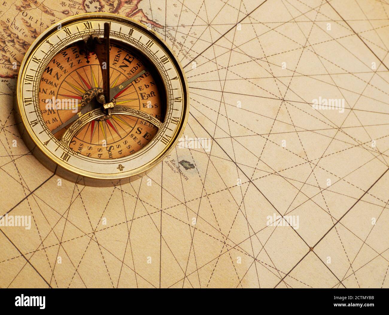Compass and old map from XVIII century Stock Photo - Alamy