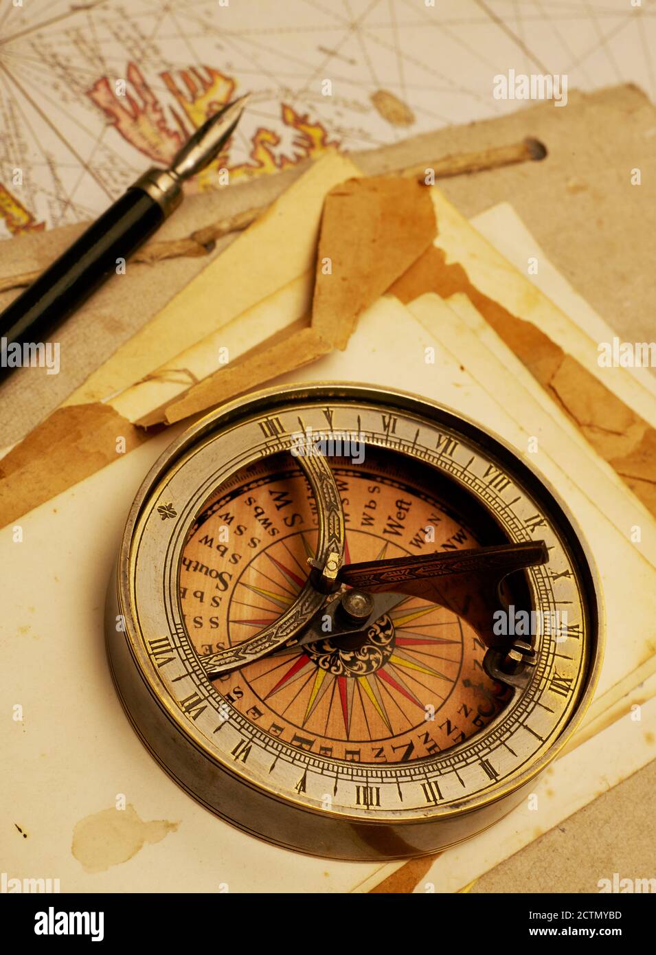 Compass, letters and old map from XVIII century Stock Photo - Alamy